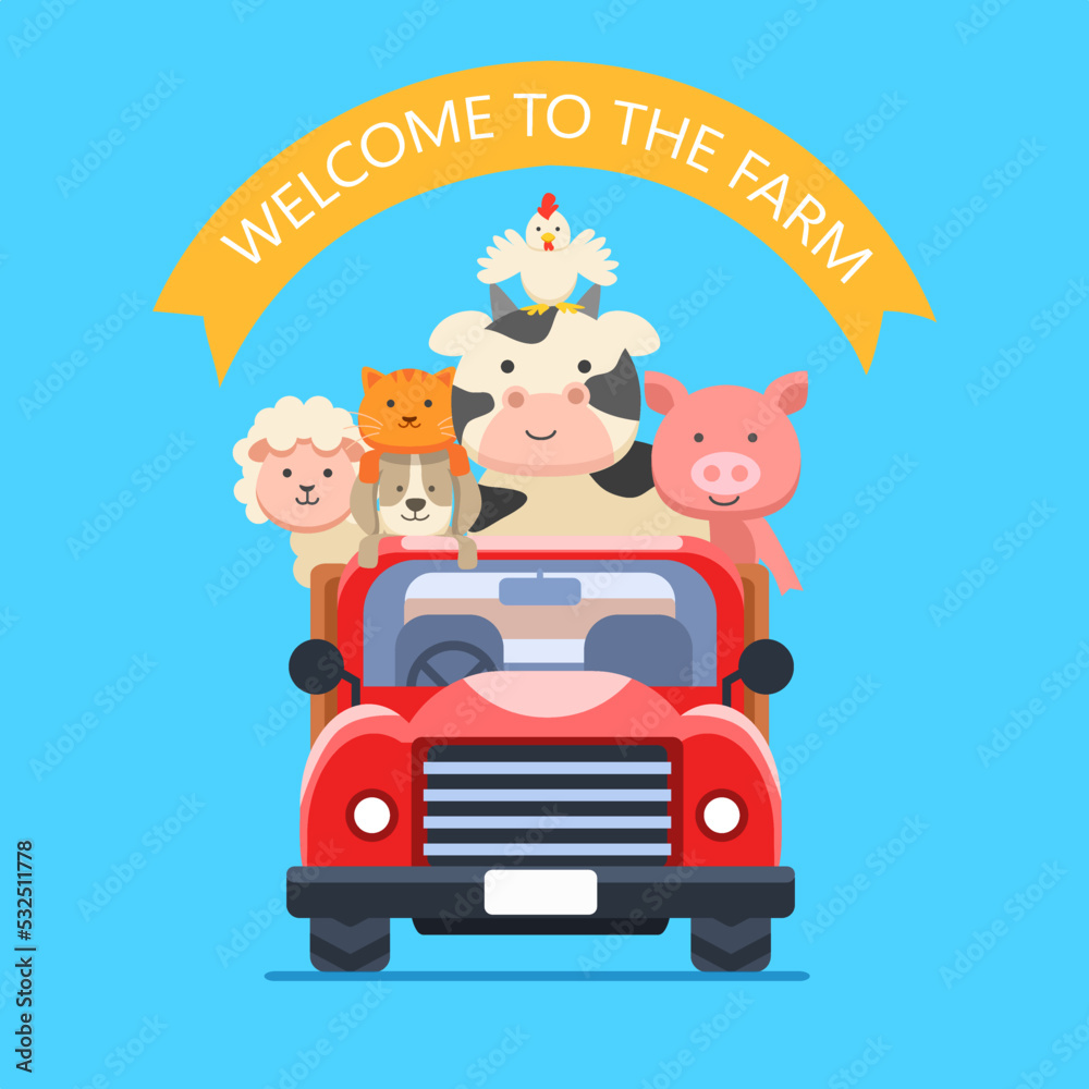 welcome to the farm vector, cute farm animal illustration on red farm ...