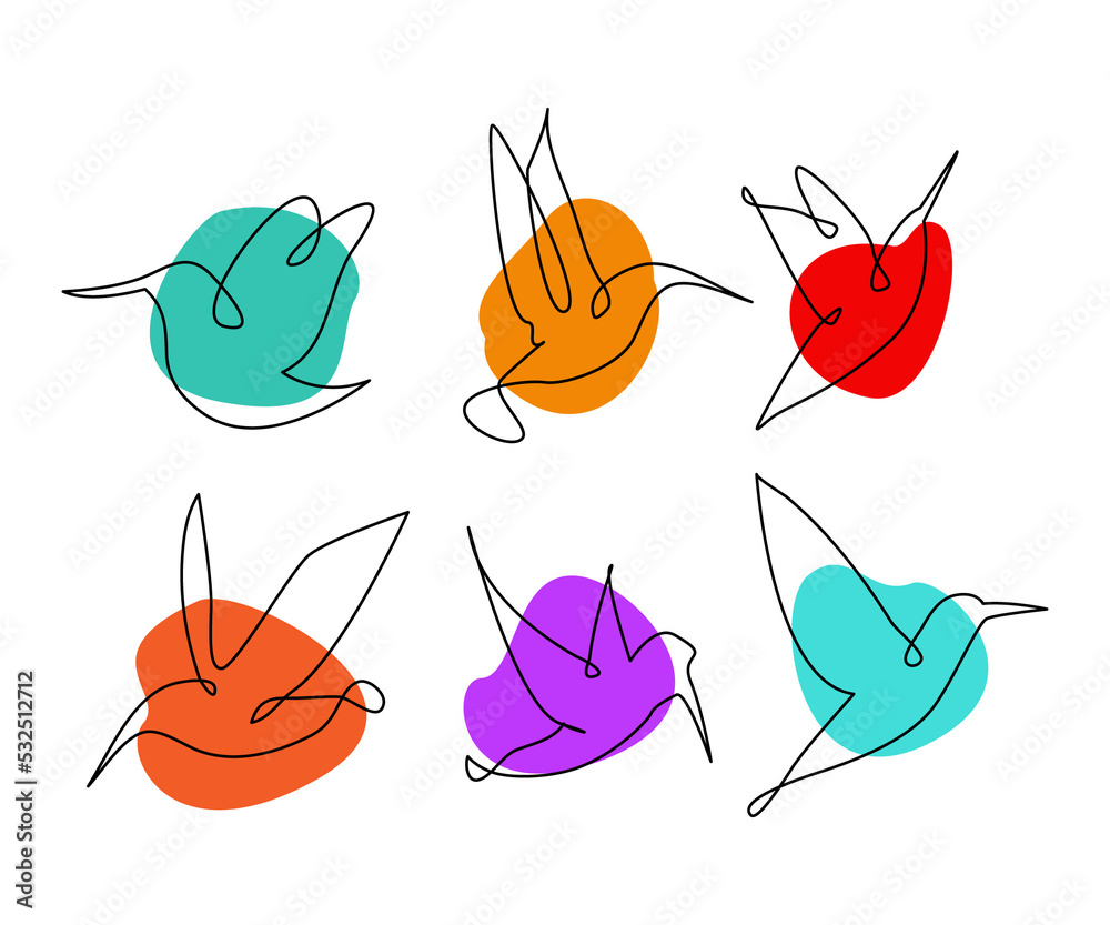 One continuous line drawing of cute hummingbird icon set. Hand drawn ...