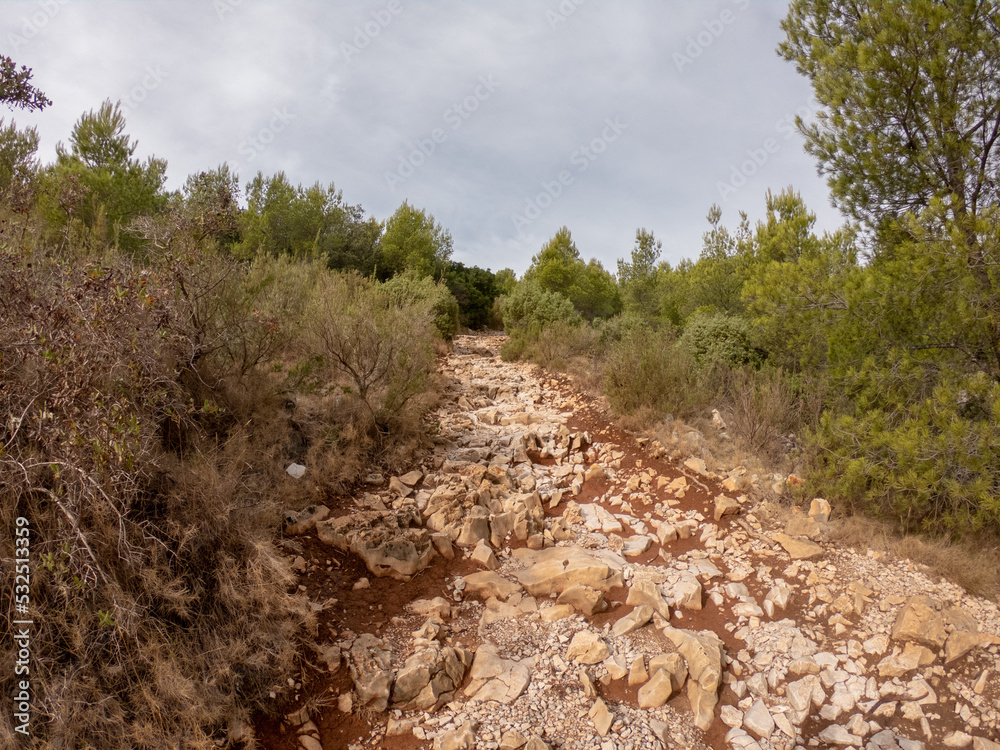 Rocky hiking path in mountain range Massif des Calanques near Cassis at ...