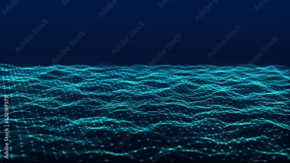Dynamic wave of glowing particles. Abstract digital background. Data flow information. Concept ...