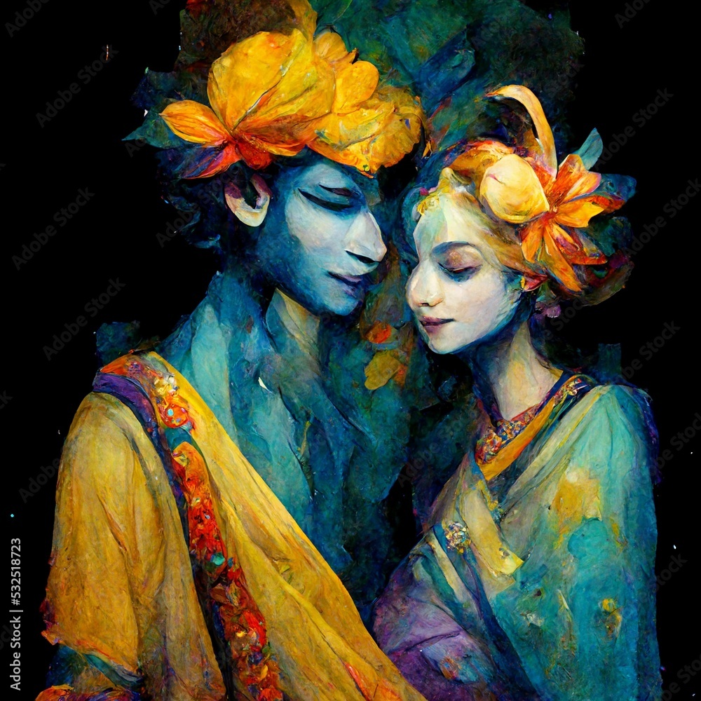 Radha Krishna concept art. Colorful portrait, painting rendering. Hindu ...