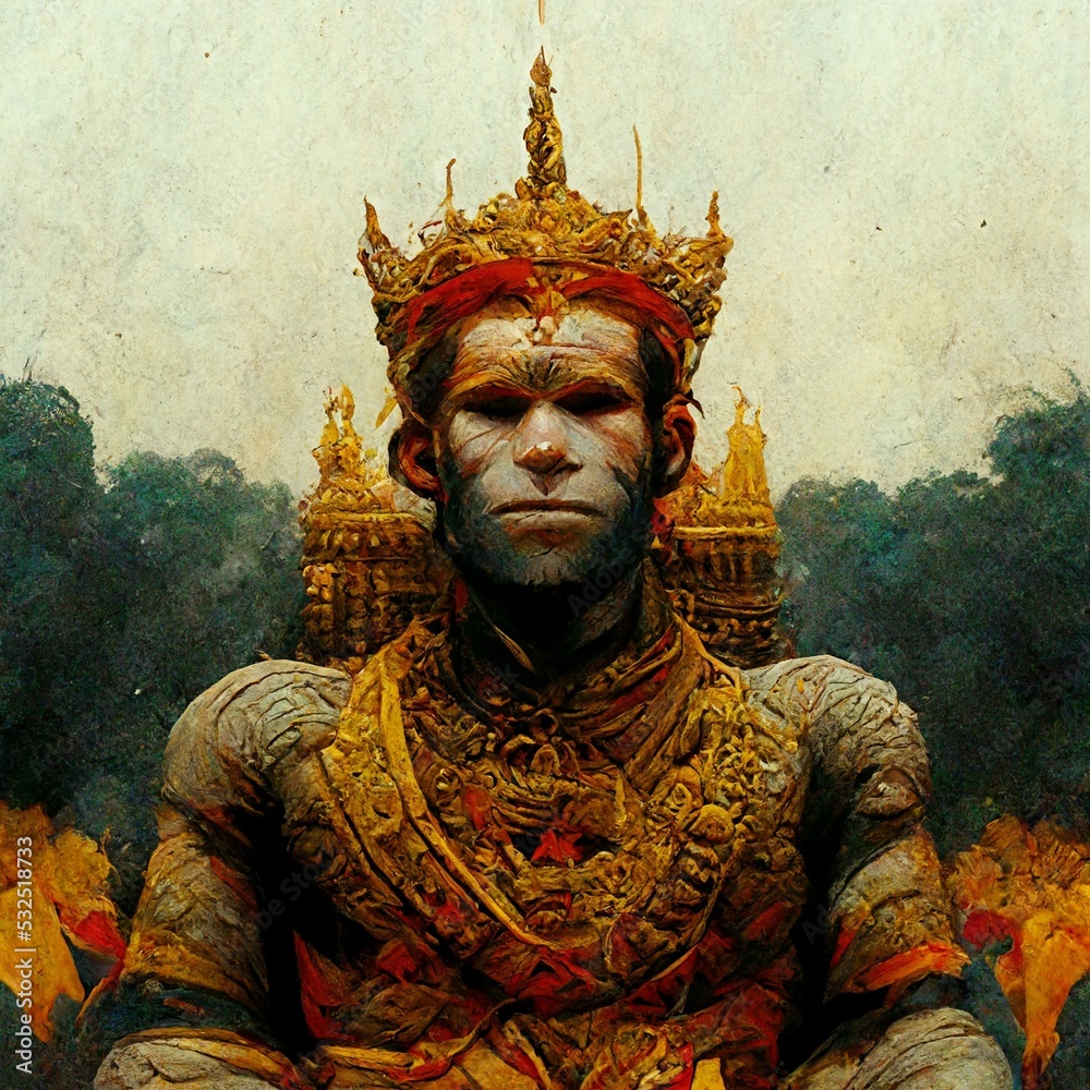 Hanuman, king and god. Hanuman concept art, painting rendering. Warrior ...
