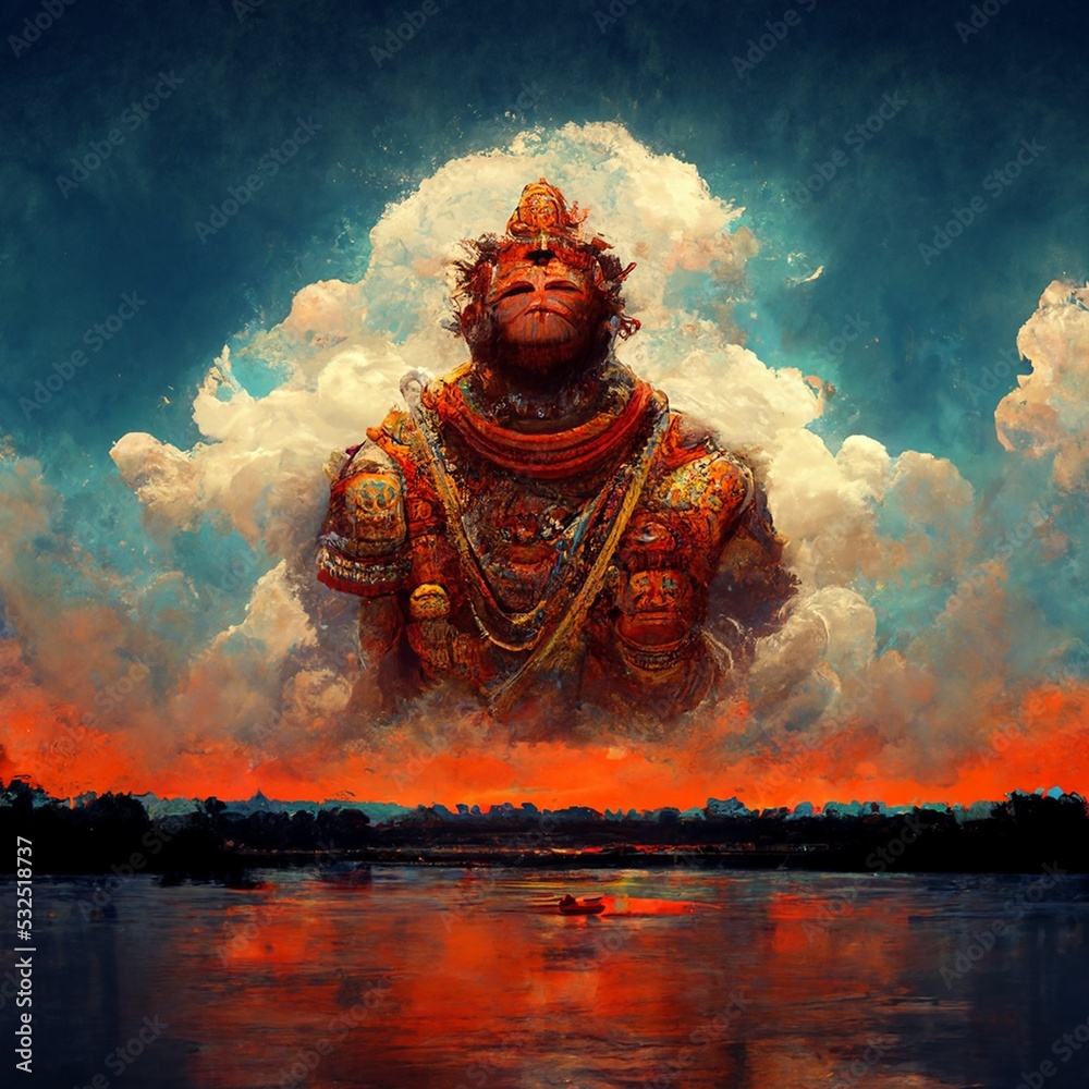 Hanuman, king and god. Hanuman concept art, painting rendering. Warrior ...