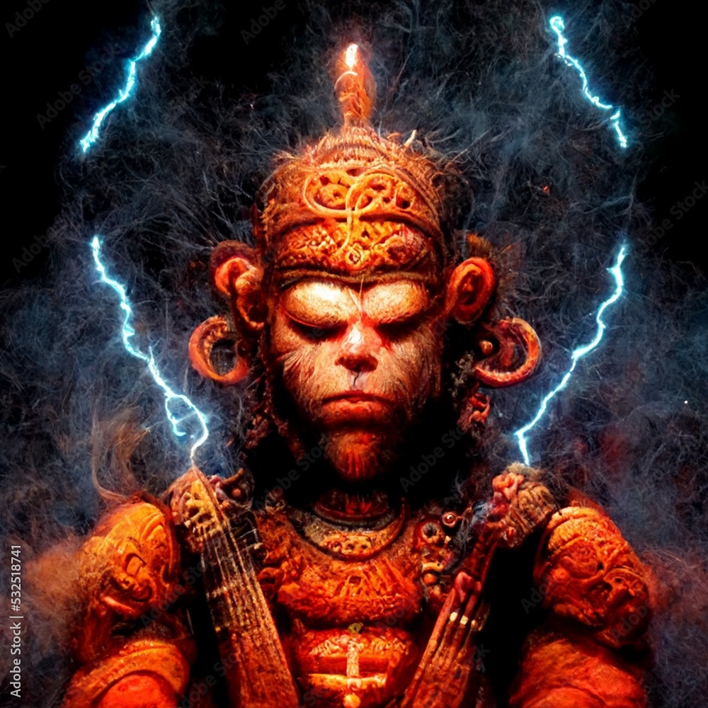 Hanuman, king and god. Hanuman concept art, painting rendering. Warrior ...