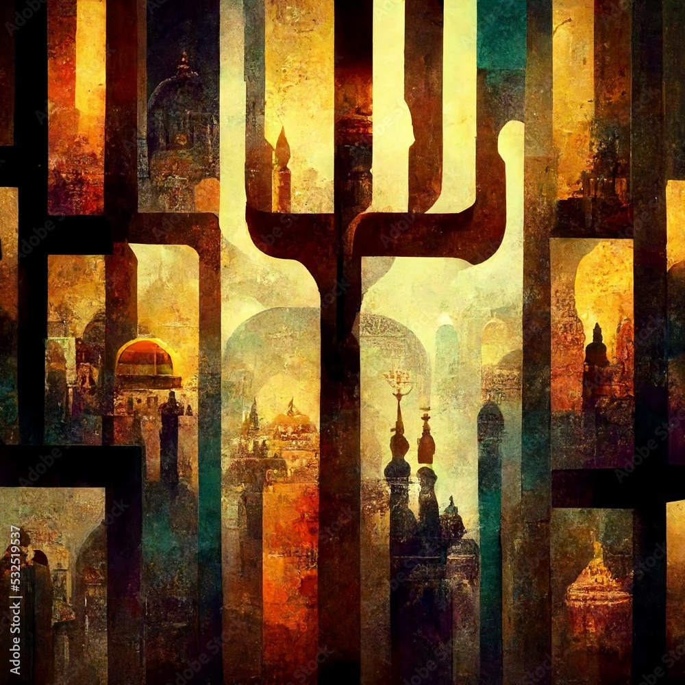 Judaism inspired concept art. Menorah and Jewish religious painting ...