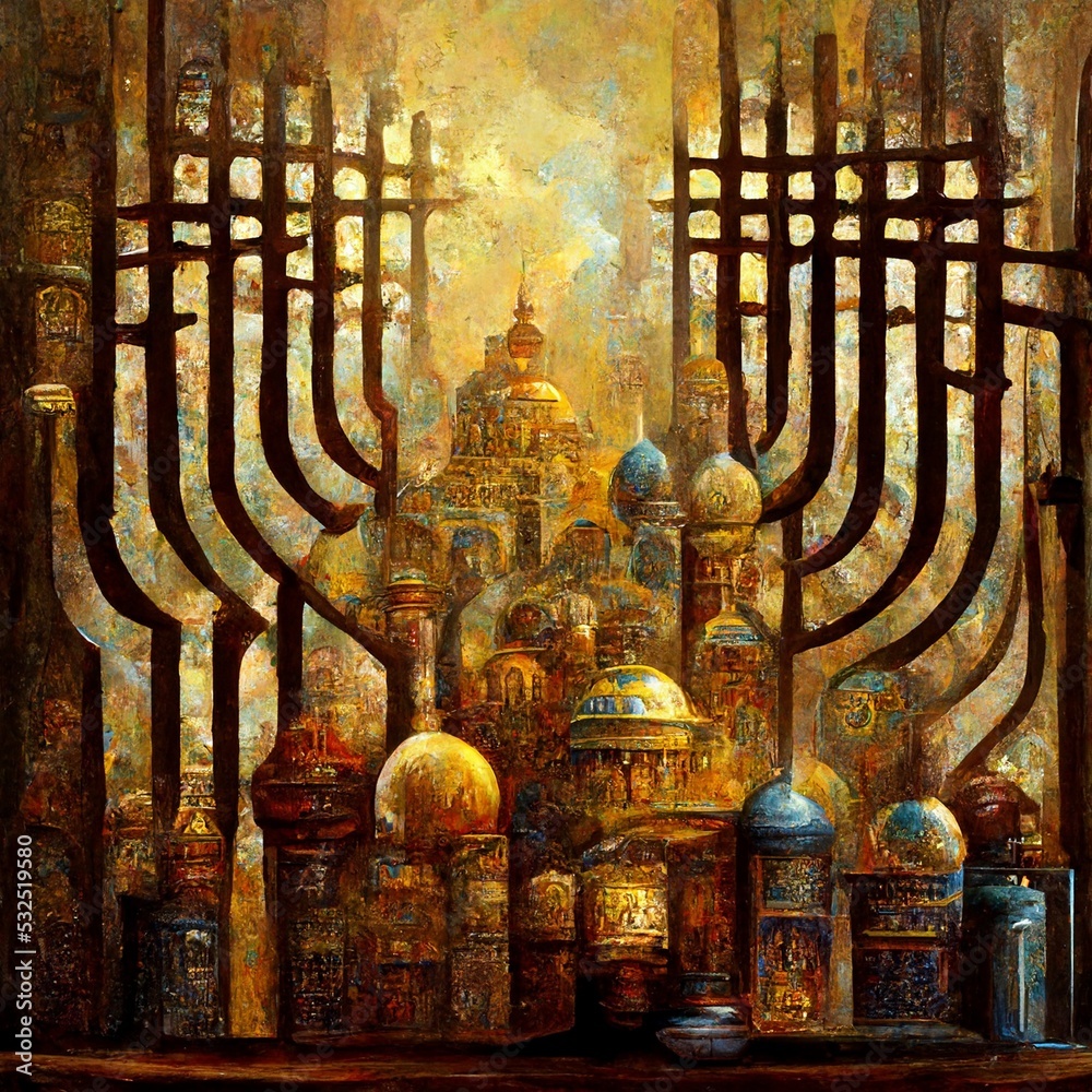 Judaism inspired concept art. Menorah and Jewish religious painting ...