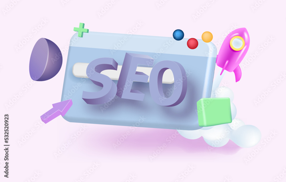 3D SEO optimization with rocket for marketing social media concept. 3 ...