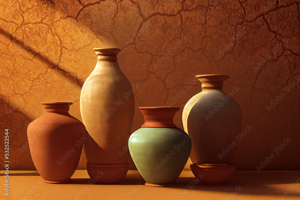 pottery still life, clay pots with rustic wall background, generative ...