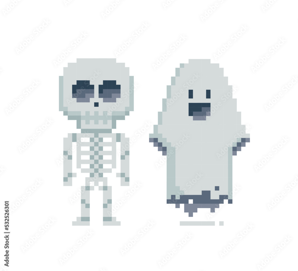 Pixel Art for Halloween design. 8-bit style Skeleton and Ghost isolated ...