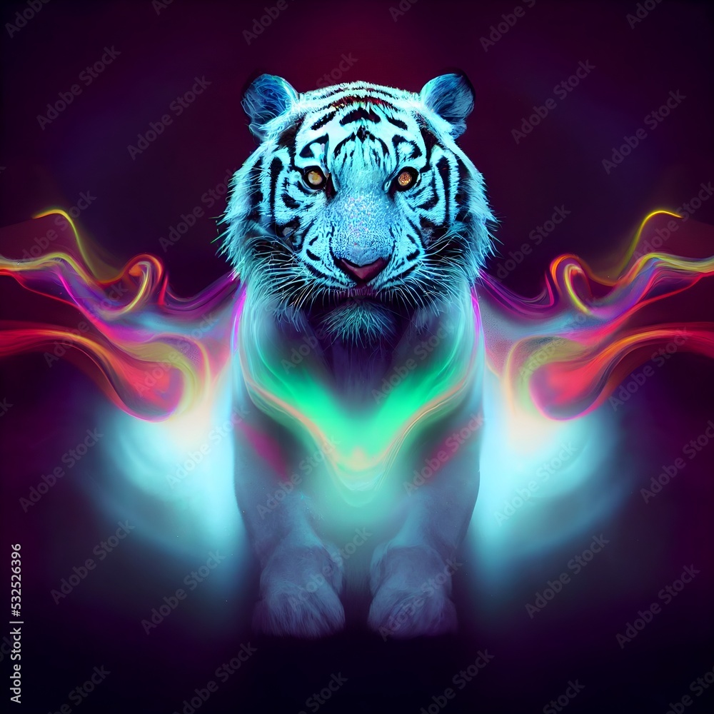 Tiger face neon glow color with colorful smoke Background Stock ...