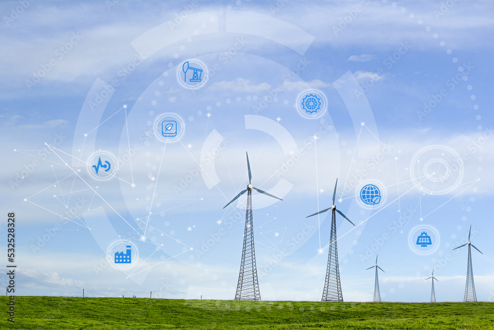 Wind power plant and technology. Smart grid. Renewable energy ...