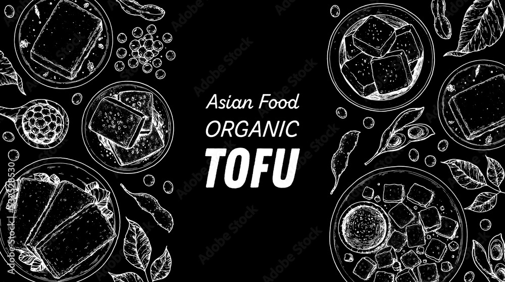 Tofu top view frame. Hand drawn vector illustration. Tofu sketch. Asian ...