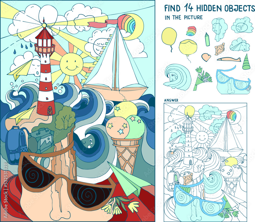 Find hidden objects. Marine picture. Lighthouse, shore, sea. Find the ...