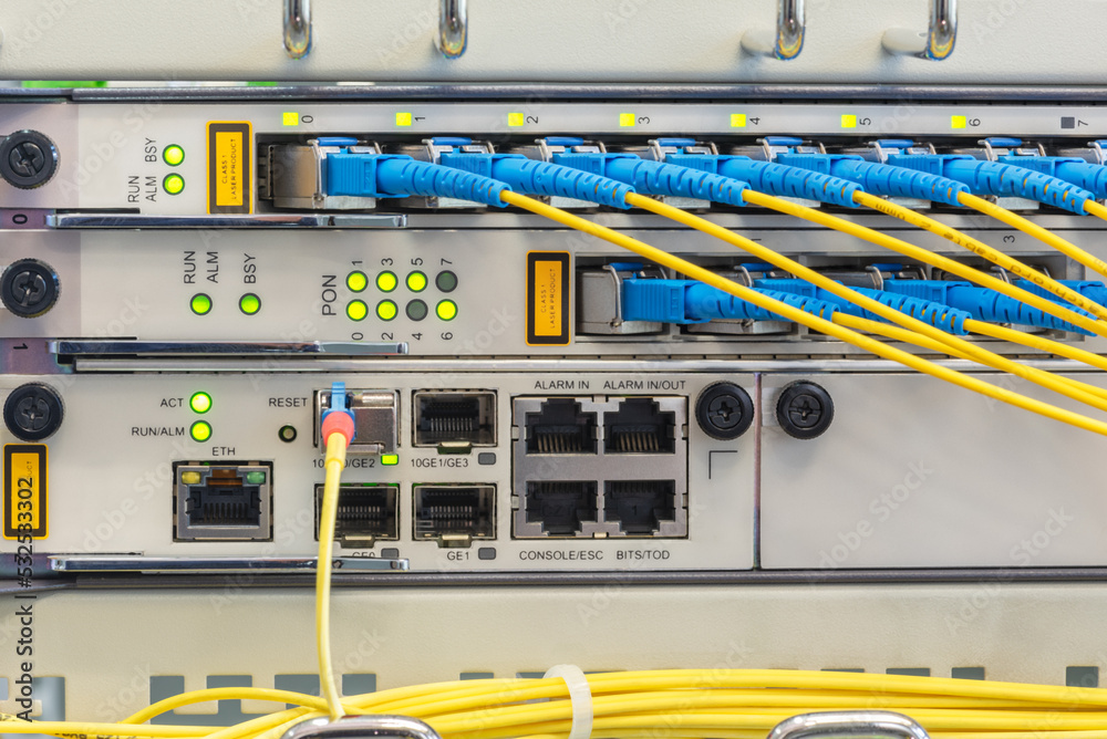 Optical Line Terminal with Connected Fiber Optic Patch Cords Close-up ...