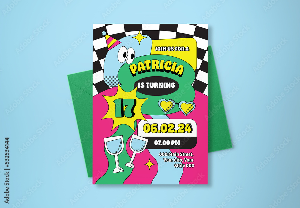 Pop Color Retro Birthday Invitation Stock Template | Adobe Stock