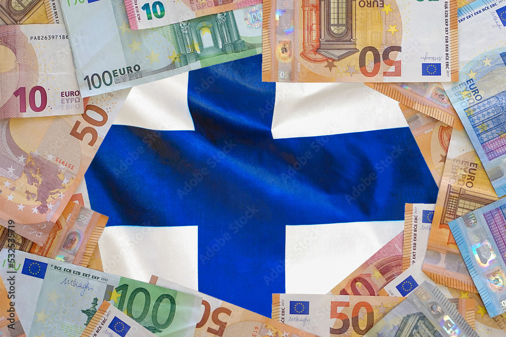 Mockup of Euro banknotes on flag Finland background. Different Euro ...