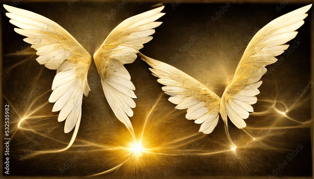 angel wings are decorated with gold on a black background. The wings ...