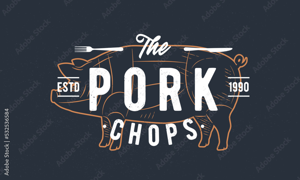 Pork, Pig logo. Butcher, barbecue restaurant poster. BBQ trendy logo ...
