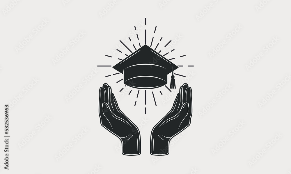 Education logo, poster concept. Hands with graduate hat and sunburst ...