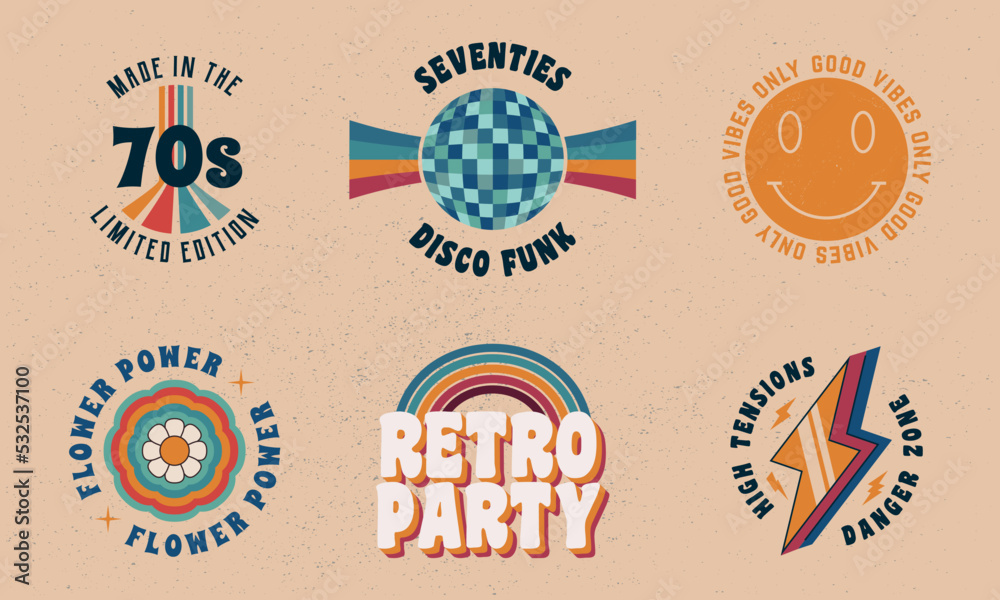 Set of Retro groovy logos. Made in 70s, Disco, Emoji, Flower, party ...