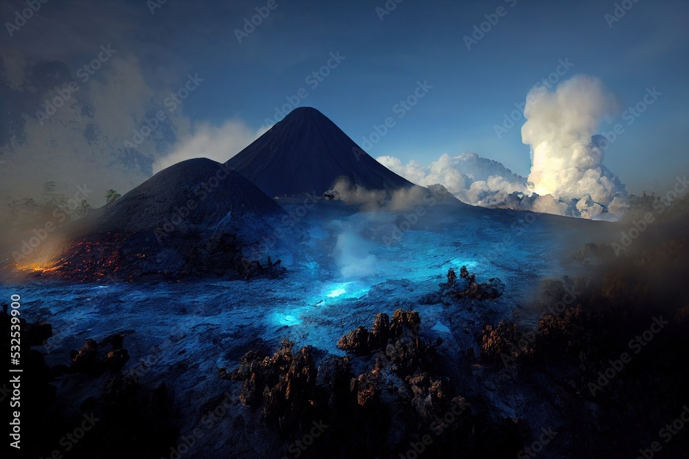 An illustration of the blue volcano in Indonesia, Kawah Ijen Volcano ...