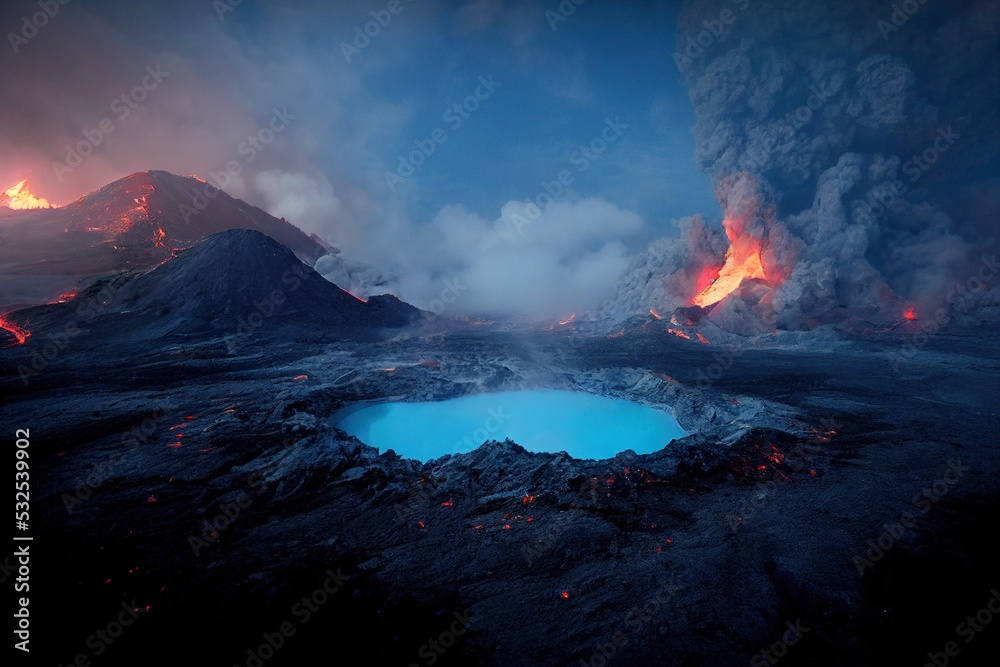 An illustration of the blue volcano in Indonesia, Kawah Ijen Volcano ...
