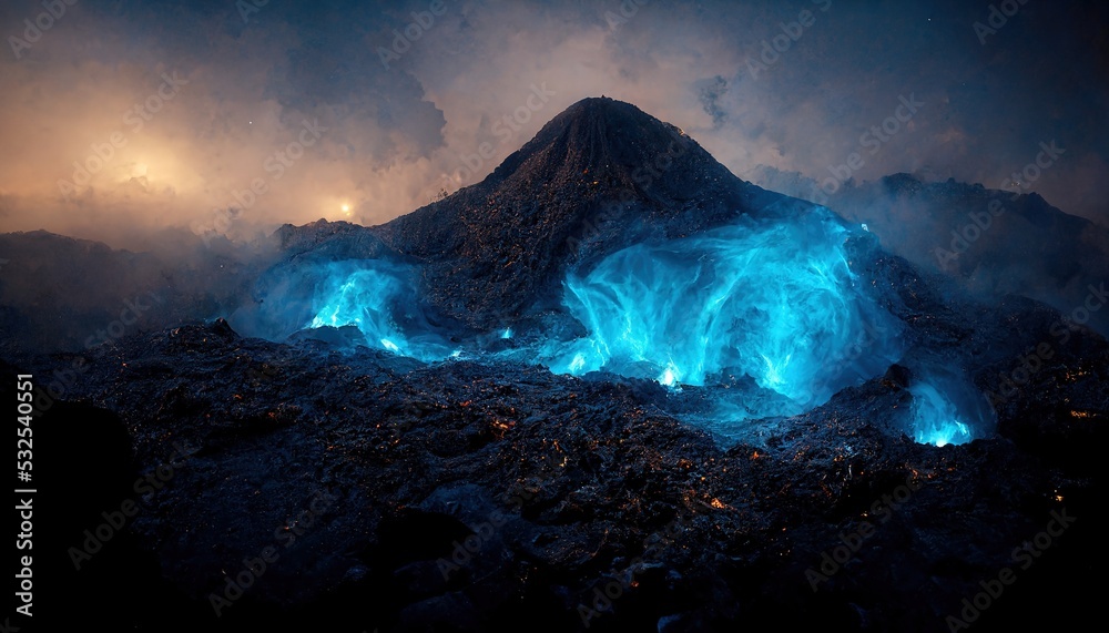 An illustration of the blue volcano in Indonesia, Kawah Ijen Volcano ...