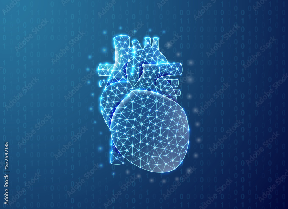 Heart polygonal symbol with binary code background. Cardiology concept ...