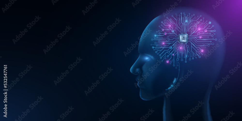 Cyborg head and artificial brain with processor. Cyberman watching into ...