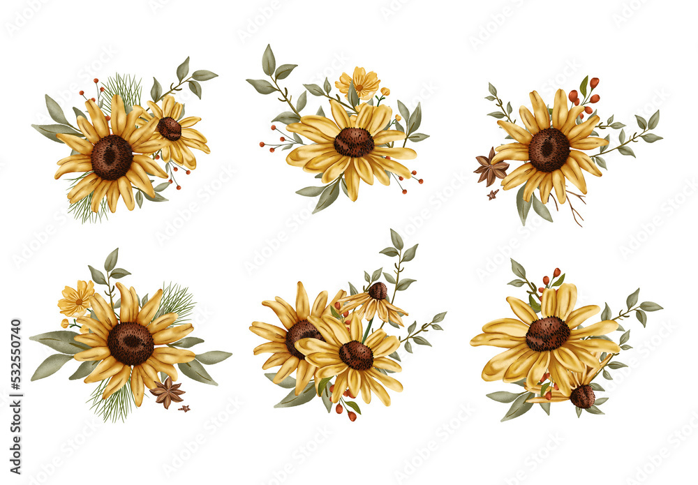 Sunflower Yellow Flower Rustic Autumn Fall Clipart Illustration Stock ...