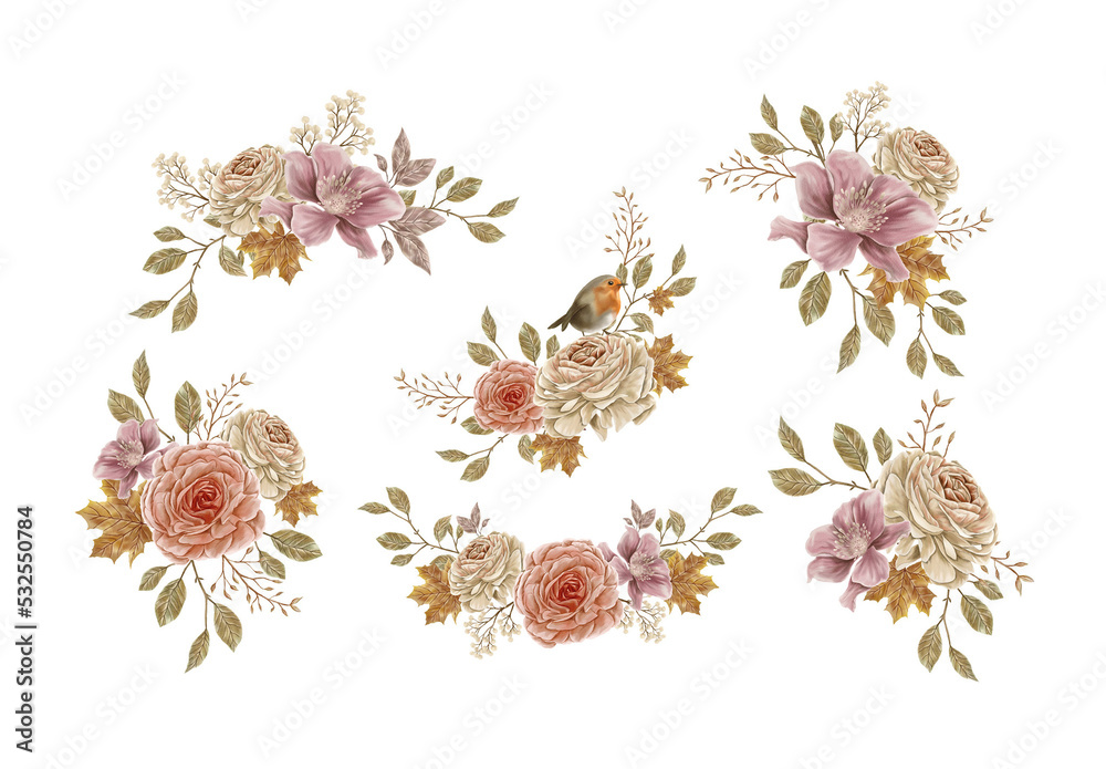 Rustic Watercolor Flower Illustration Autumn Fall Leaves Clipart Stock ...