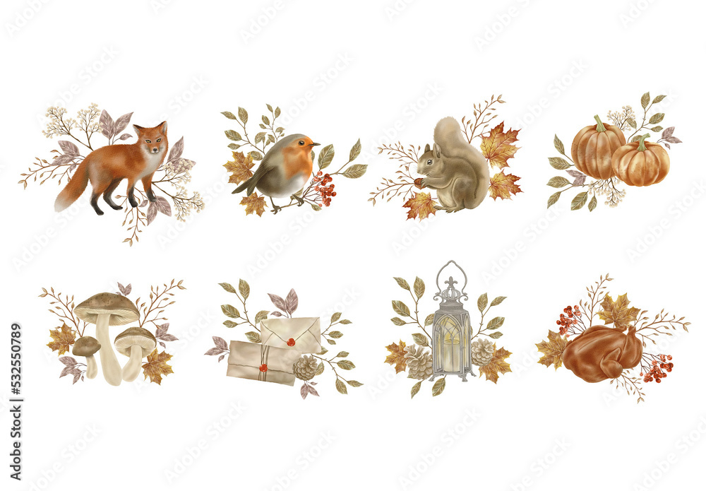 Fall Autumn Clipart Illustrations with Rustic Watercolor Style Stock ...