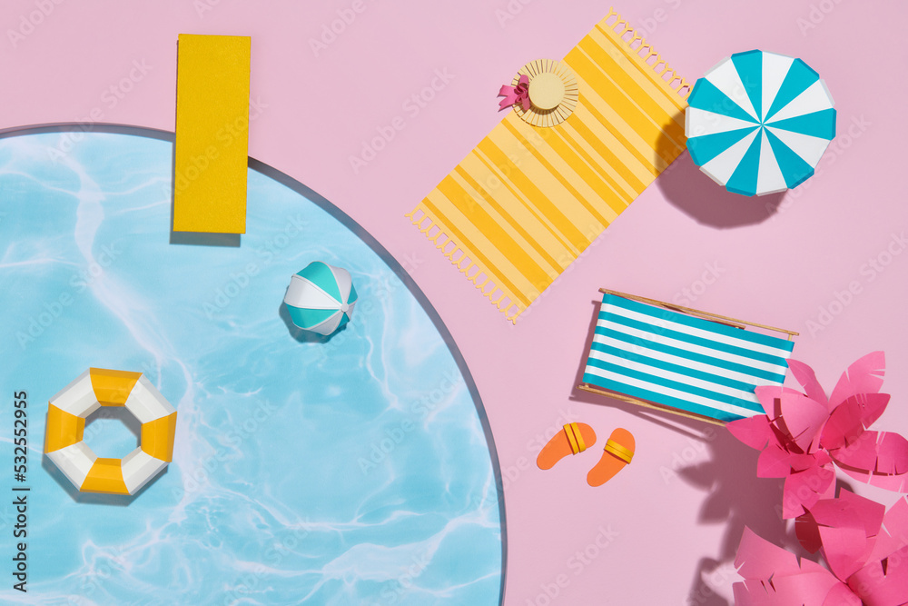 swimming pool top view background. water ring umbrella lounger Stock ...