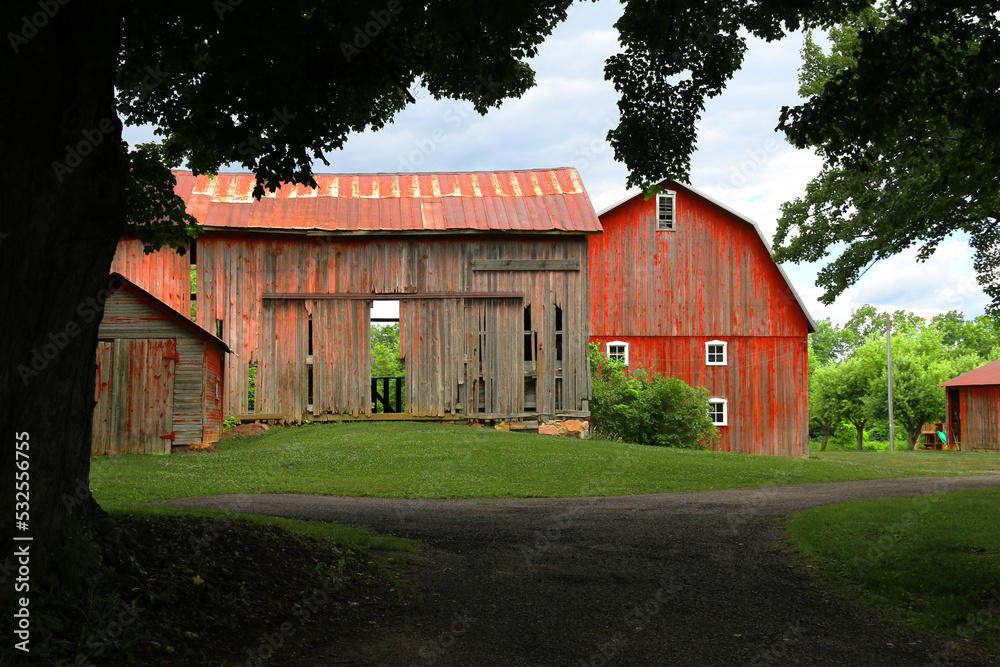 rustic countryside farmyard barn red weathered old barns wooden hayloft ...