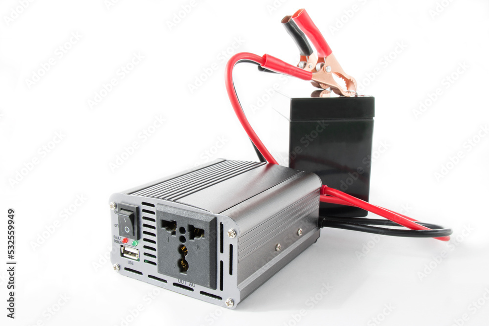 Power inverter connected to the battery, DC to AC converter Stock Photo ...
