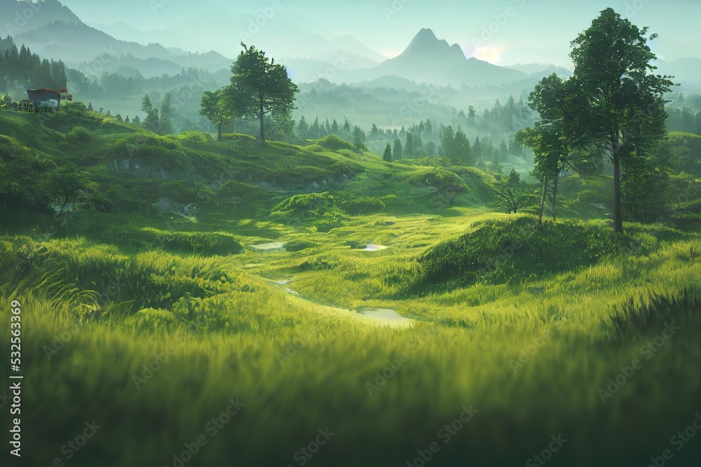 Summer landscape with mountains in the distance, green grass, trees ...