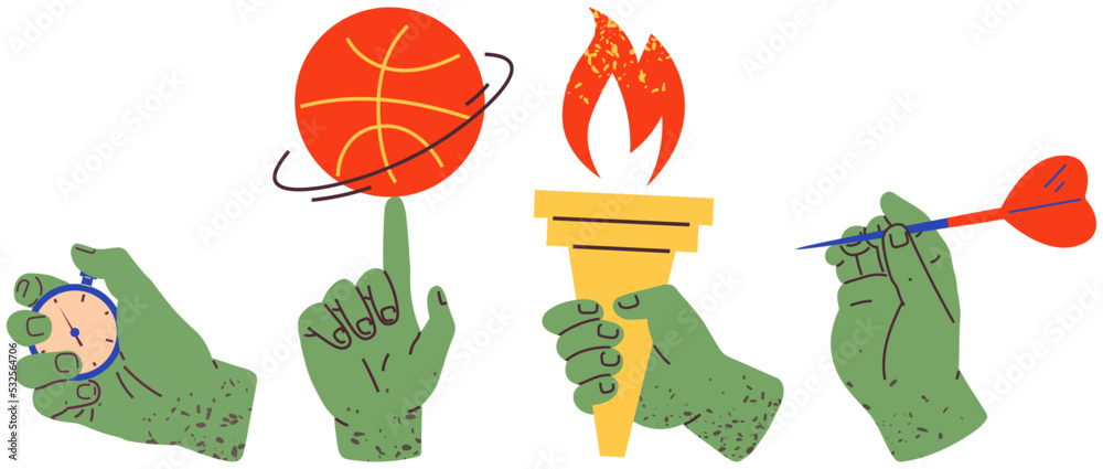 Hands holding sport and competition symbols. Items for participation in ...