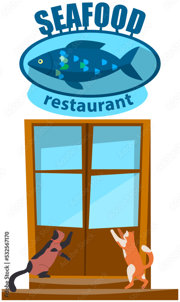 Sstreet cats near seafood cafe. Brick building for business, cafe ...