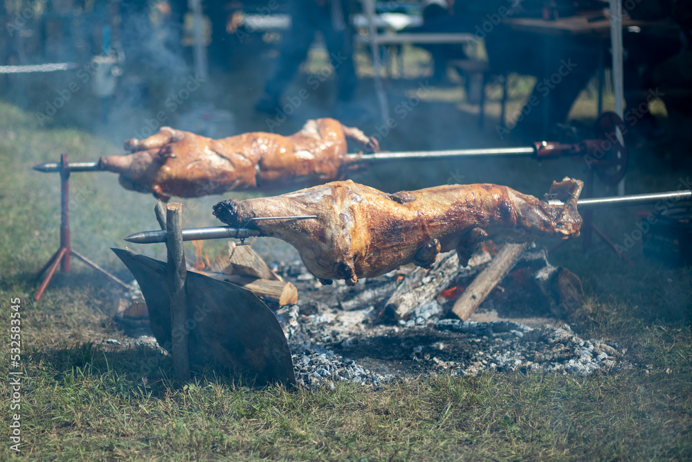 Whole pig and lamb roasted on a barbecue spit. Outdoor Barbecue grill a ...