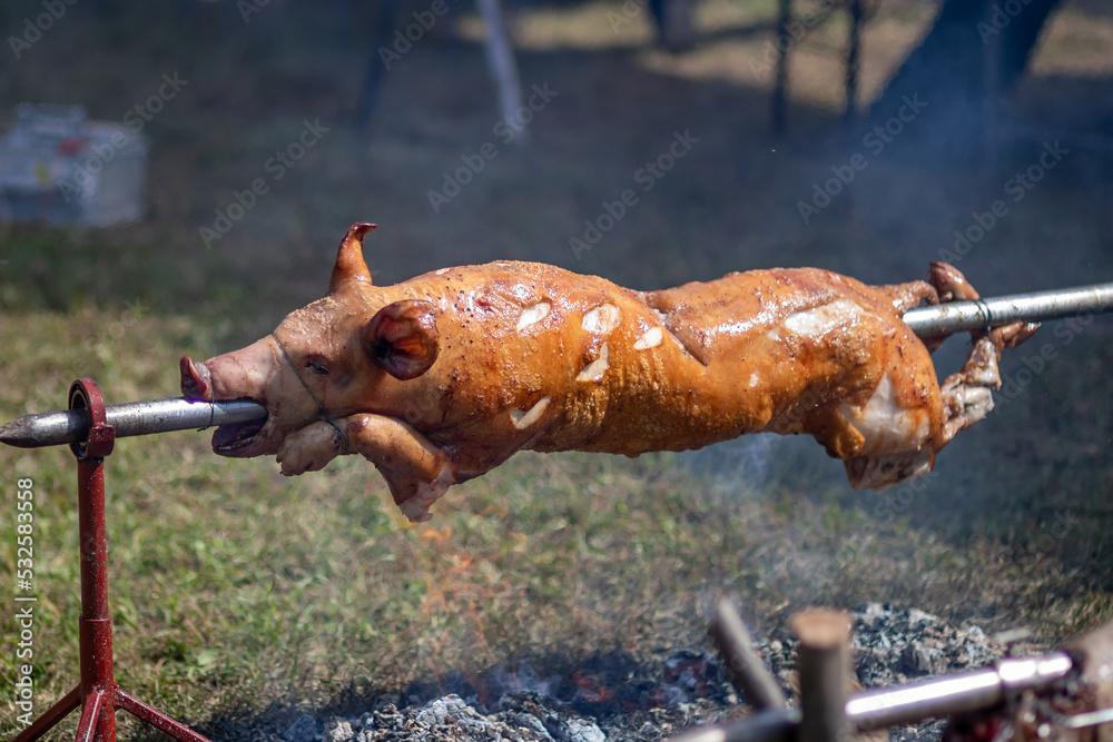 Whole pig roasted on a barbecue spit. Outdoor Barbecue grill a classic ...