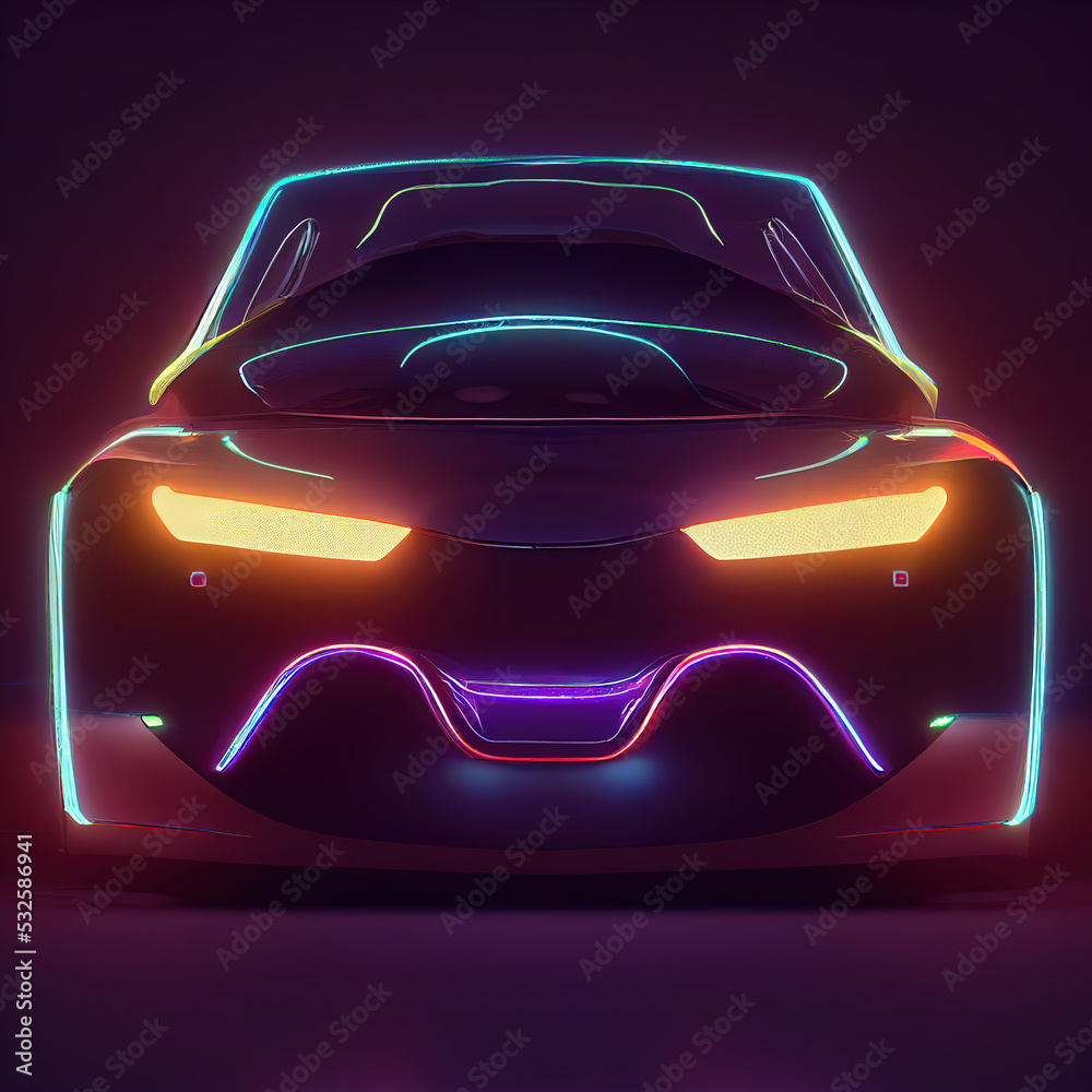 Neon car with glowing headlights. Car of the future. Front view ...