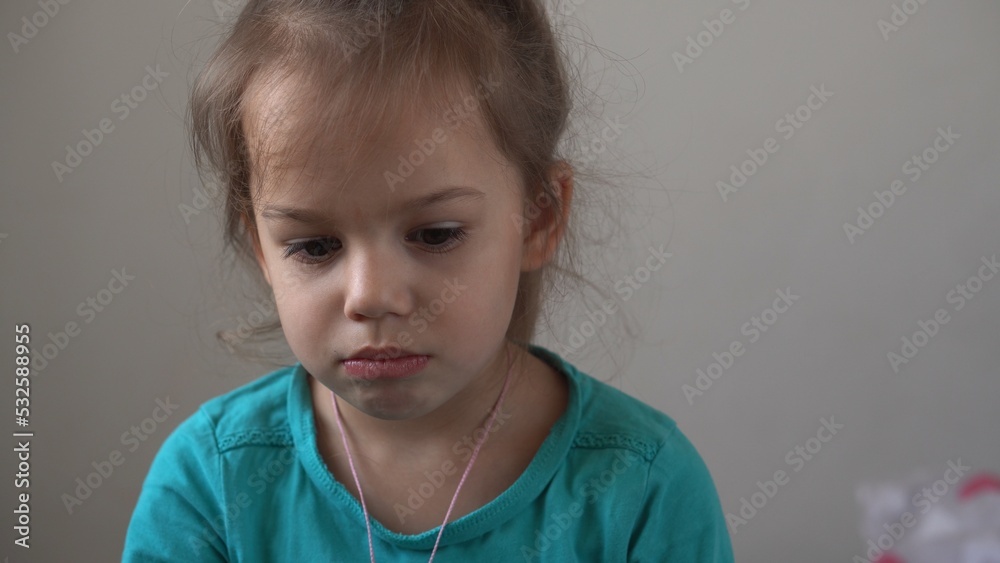 Portrait little girl sad upset child burst into tears cries sob looking ...