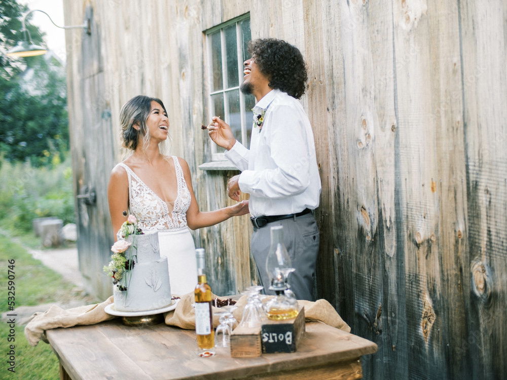 A happy bride and groom standing together by their wedding cake Stock ...