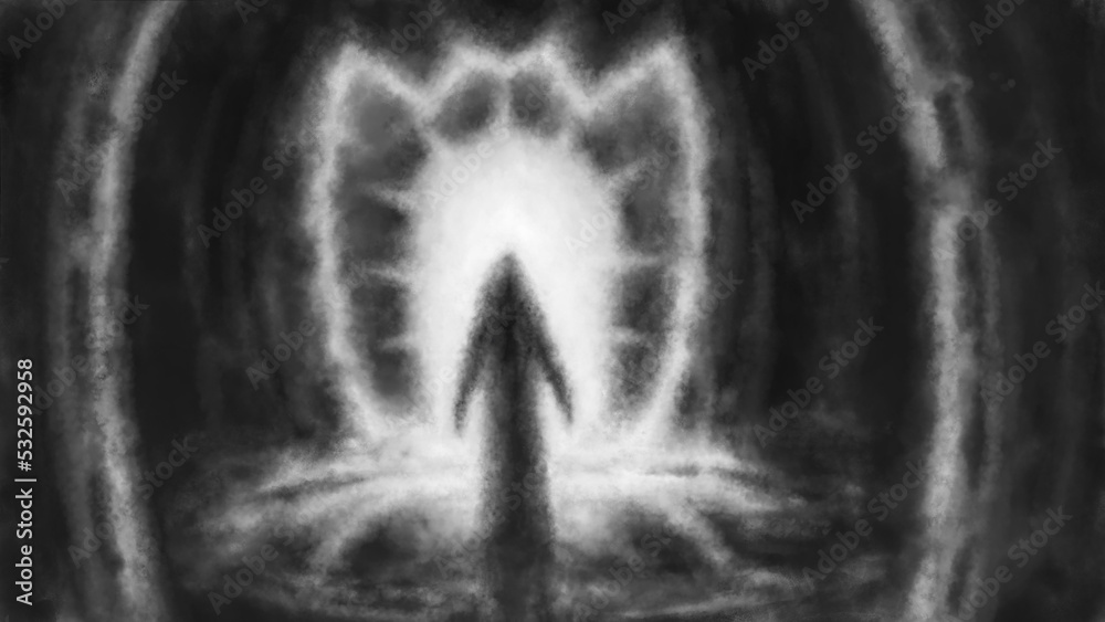 One hooded man stands inside cave. Ritual room an ancient temple ...