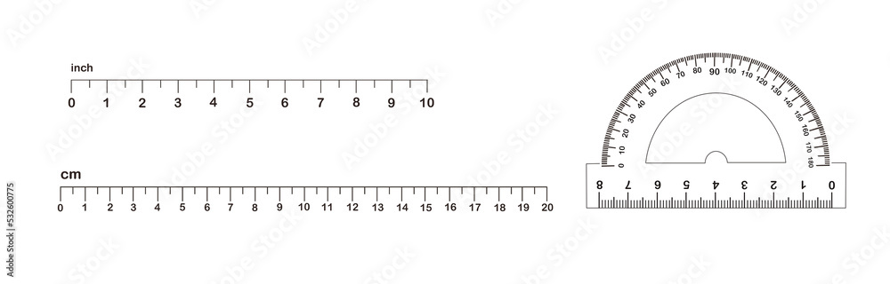 Measuring length markings of rulers and protractor on white background ...