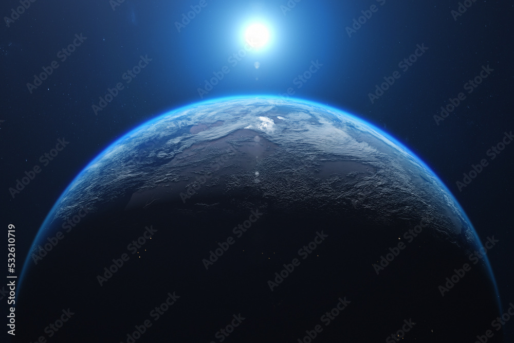 Planet Earth Surface and Sunrise Render. Stock Photo | Adobe Stock