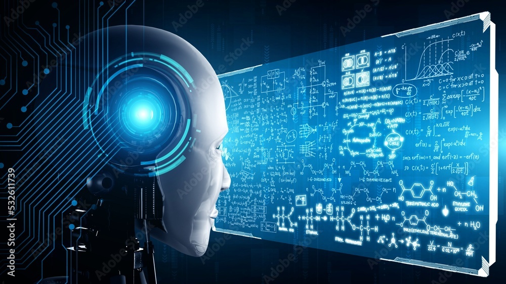 hominoid AI robot looking at hologram screen in concept of math ...