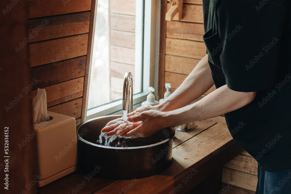 Washing Hands with streaming water in bathroom. Hygiene Stock Photo ...