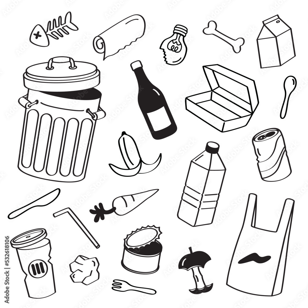 Hand drawing styles garbage items. Garbage doodle. Stock Vector | Adobe ...