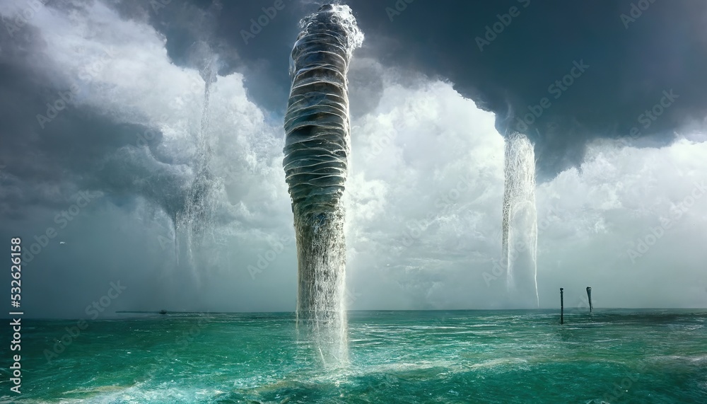 This is a 3D illustration of a waterspout, whirlwind, commonly seen in ...